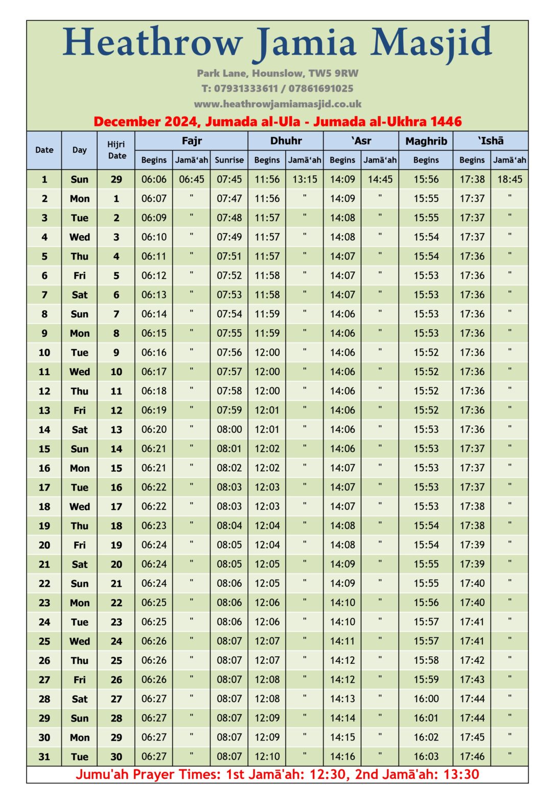 Live Prayer Times & Timetable - Heathrow Jamia Masjid